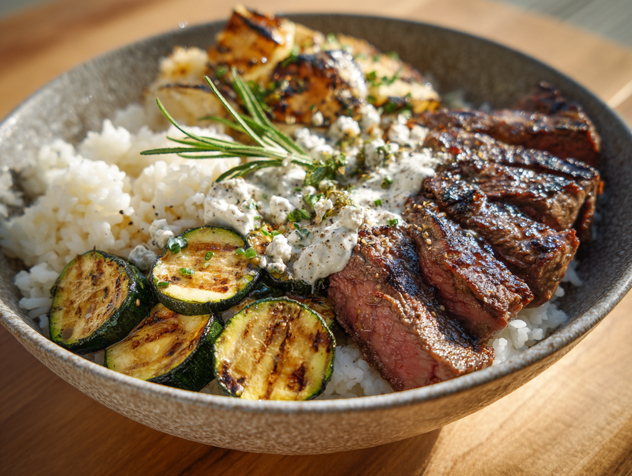 Grilled Steak Bowl with Sauce & Grilled Zucchini - Sugar Detox Lab